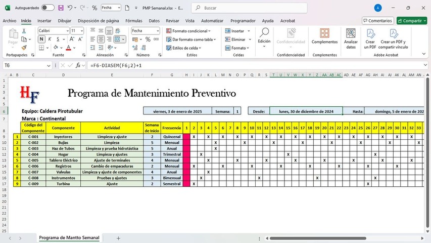Programa de Mantenimiento Preventivo Para Días Laborables - Lunes a Sábados - Helingeniero